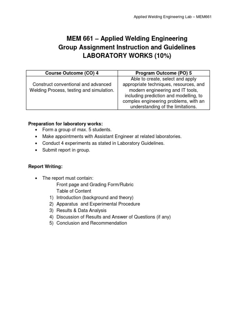 MEM 661 - Applied Welding Engineering Group Assignment Instruction and ...