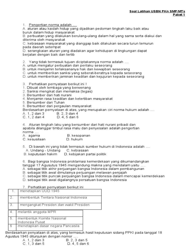Soal p1 Latihan Usbn PKN Smp-Mts | PDF