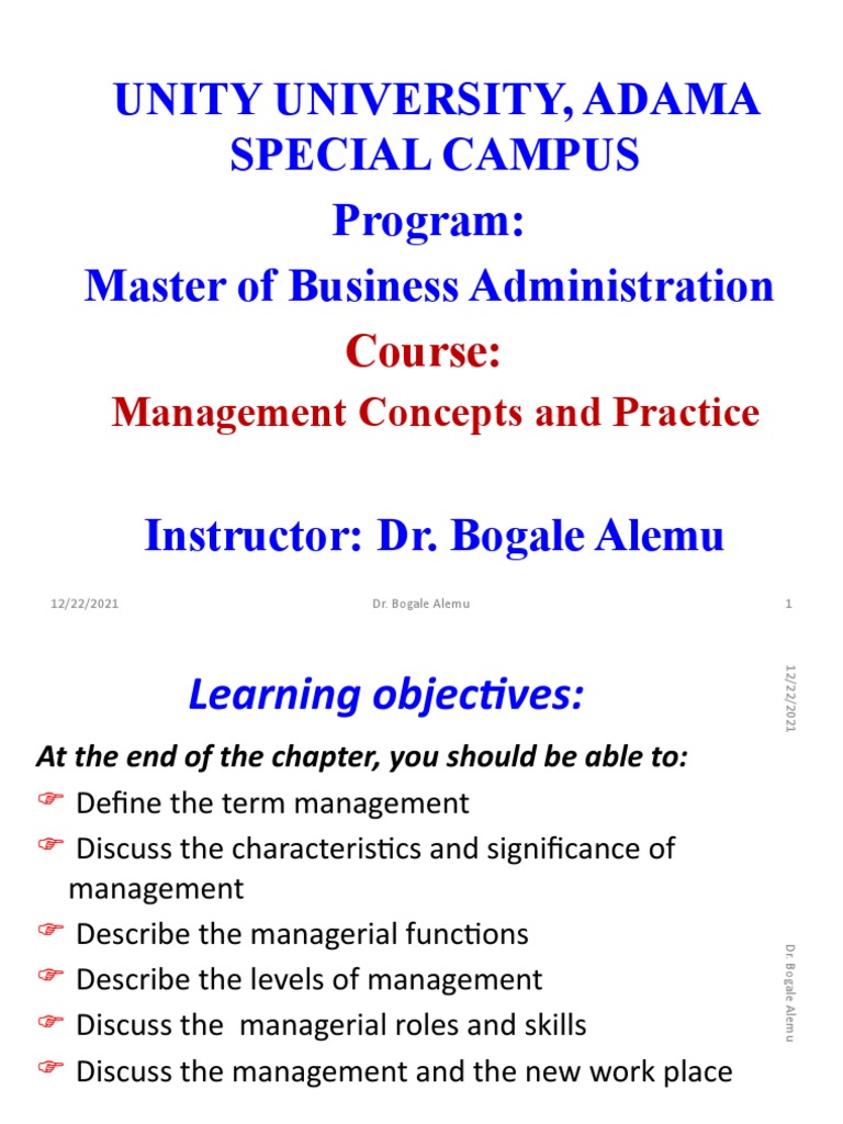 Unity University, Adama Special Campus Program: Master of Business ...