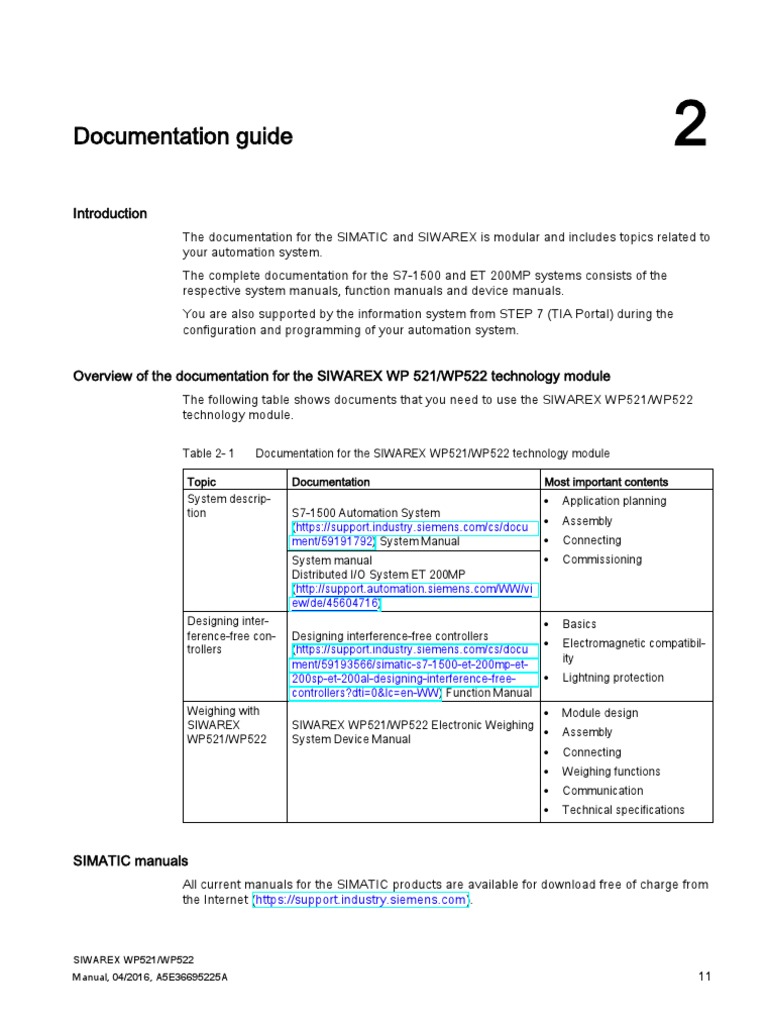 Documentation Guide: SIWAREX WP521/WP522 Manual, 04/2016, A5E36695225A | PDF | Documentation ...