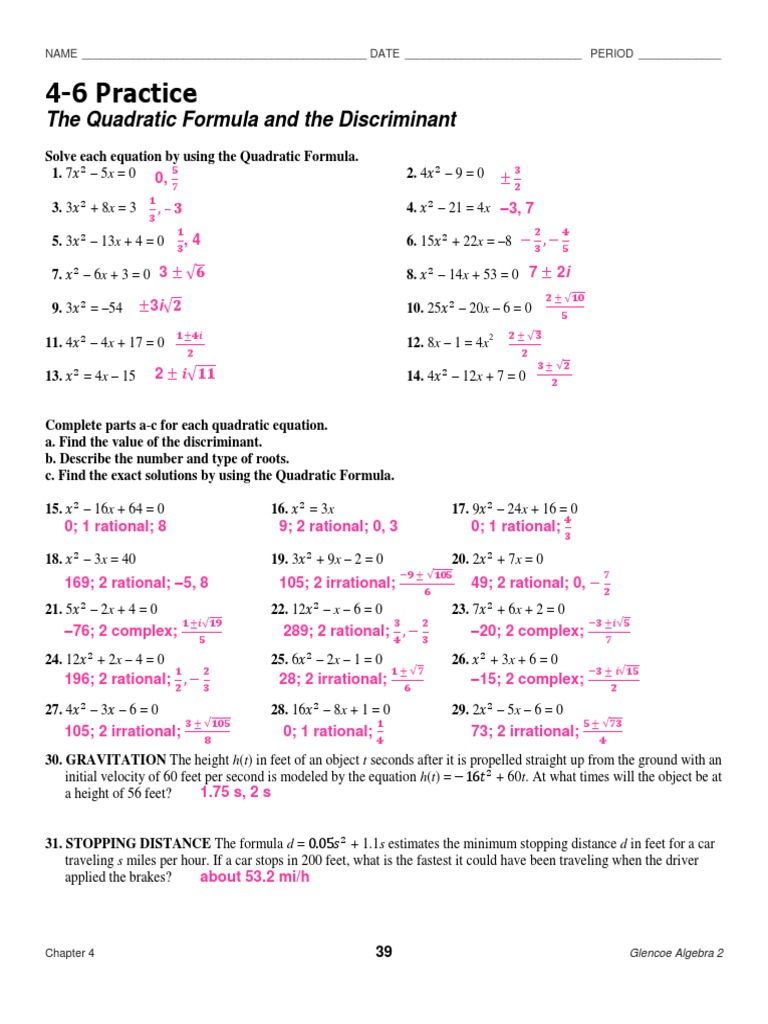 Discriminant Worksheet The Quadratic Formula | ChiliMath