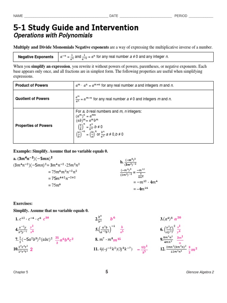 5-1 Study Guide and Intervention: Operations With Polynomials | PDF ...