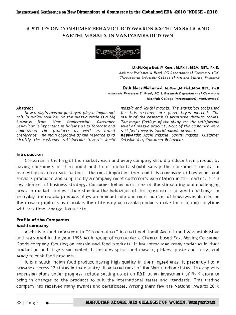 A Study On Consumer Behaviour Towards Aachi Masala and Sakthi Masala in Vaniyambadi Town | PDF ...