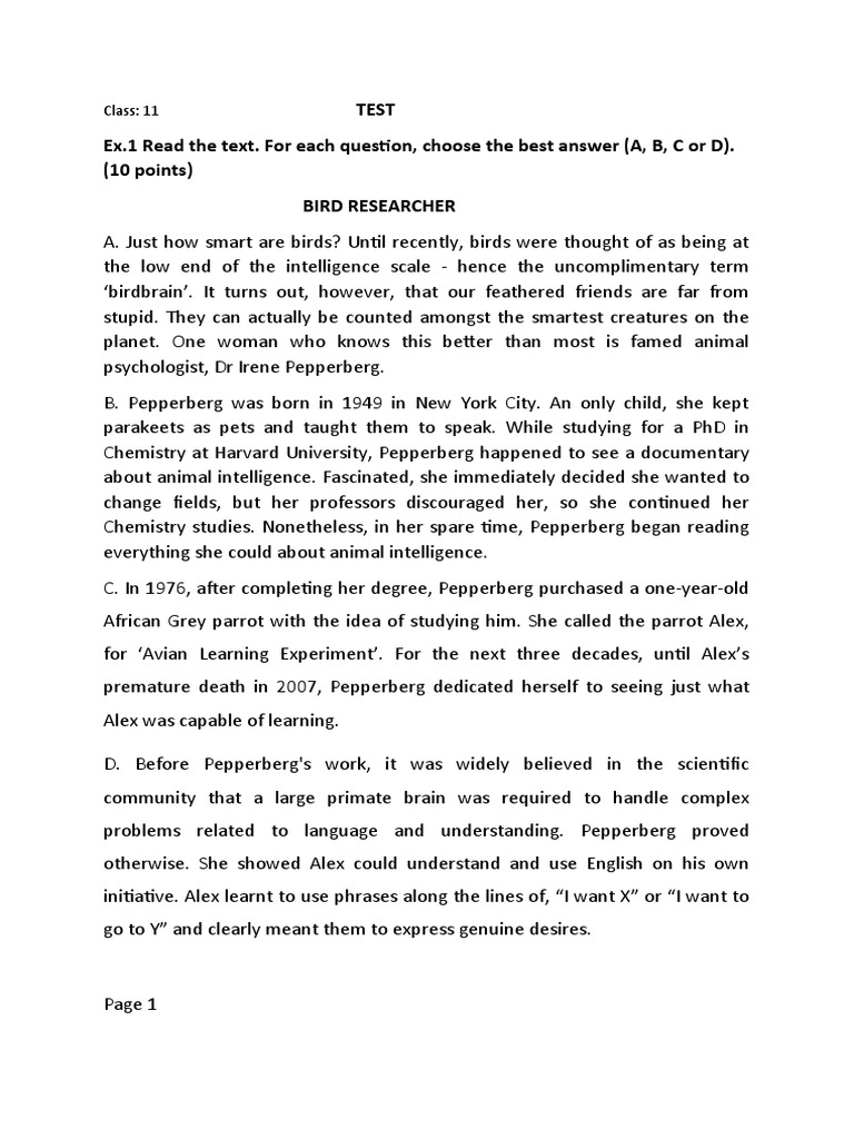 Test Ex.1 Read The Text. For Each Question, Choose The Best Answer (A ...