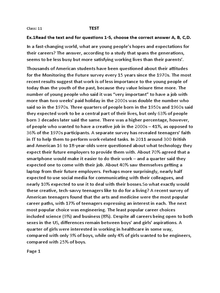 Test Ex.1Read The Text and For Questions 1-5, Choose The Correct Answer ...