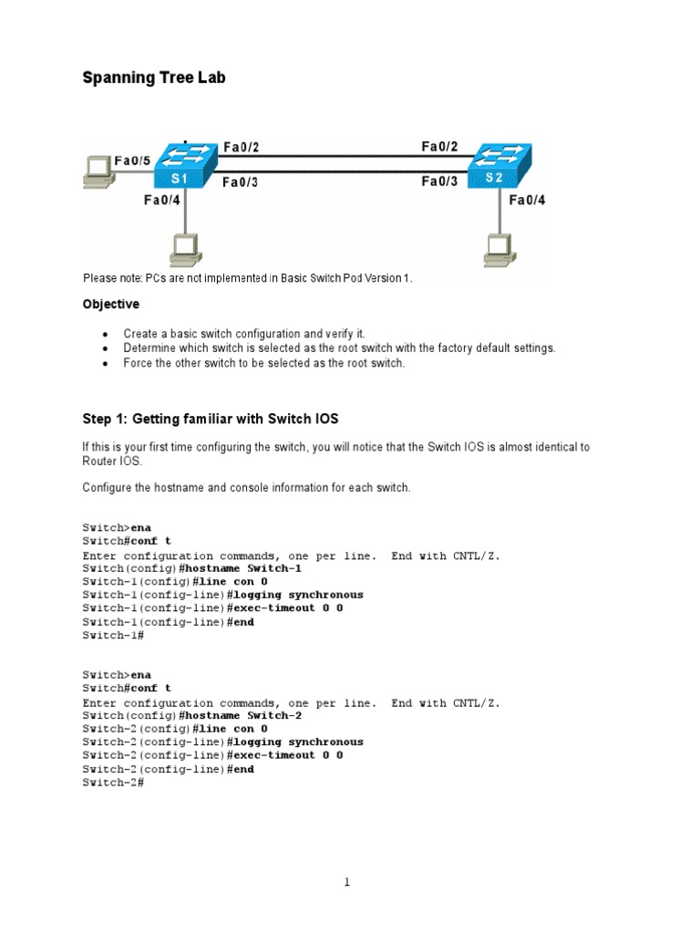 Spanning Tree Lab: Step 1: Getting Familiar With Switch IOS | PDF | Computer Standards ...