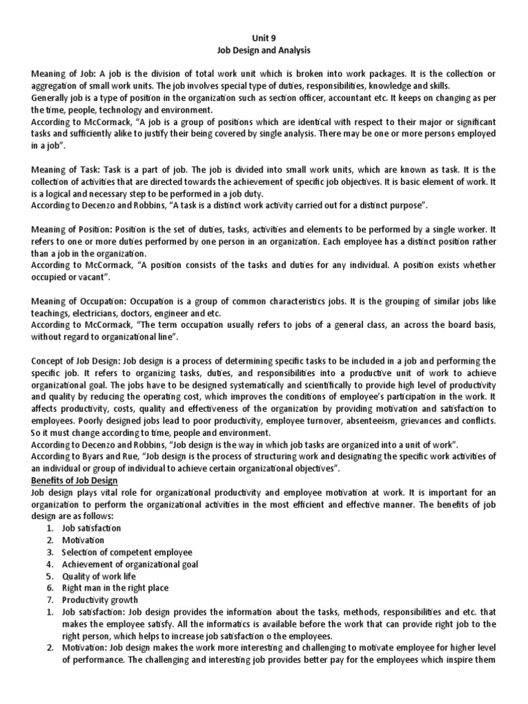 Unit 9 Job Design and Analysis | PDF | Employment | Motivational