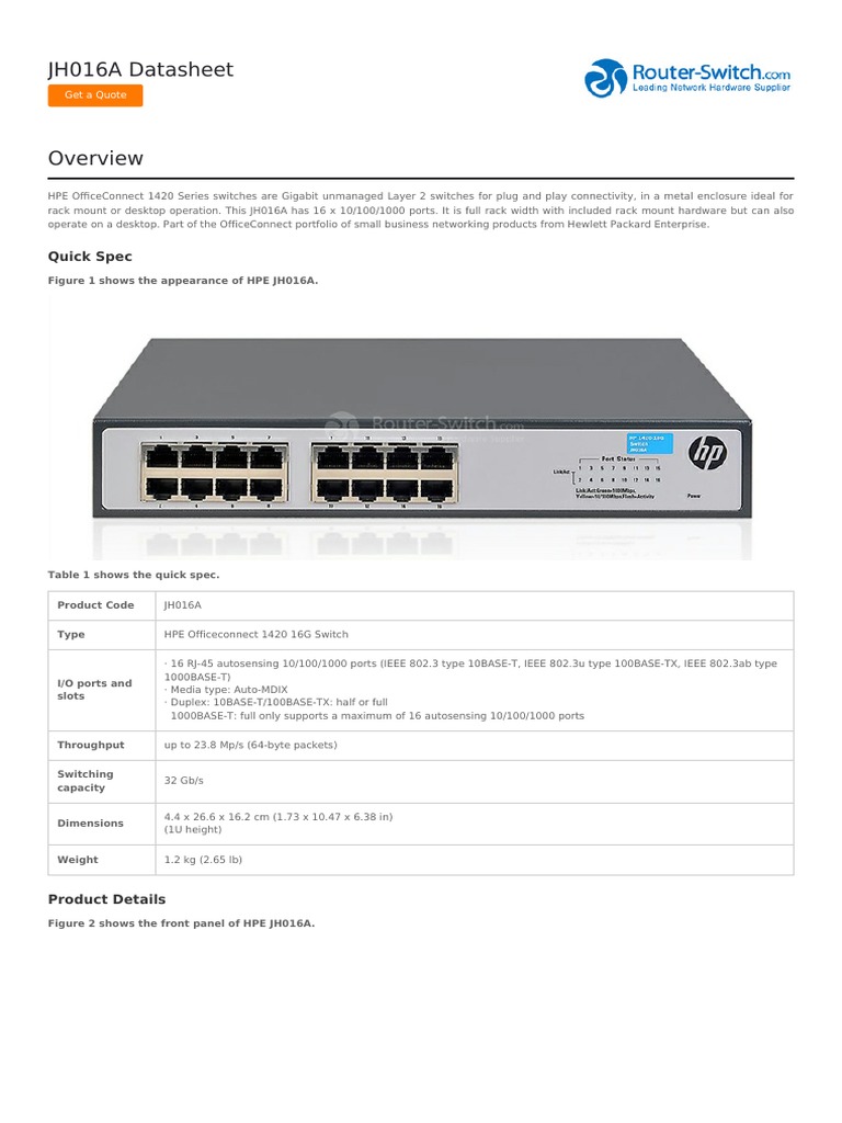 JH016A Datasheet: Quick Spec | PDF | Computing | Computer Science