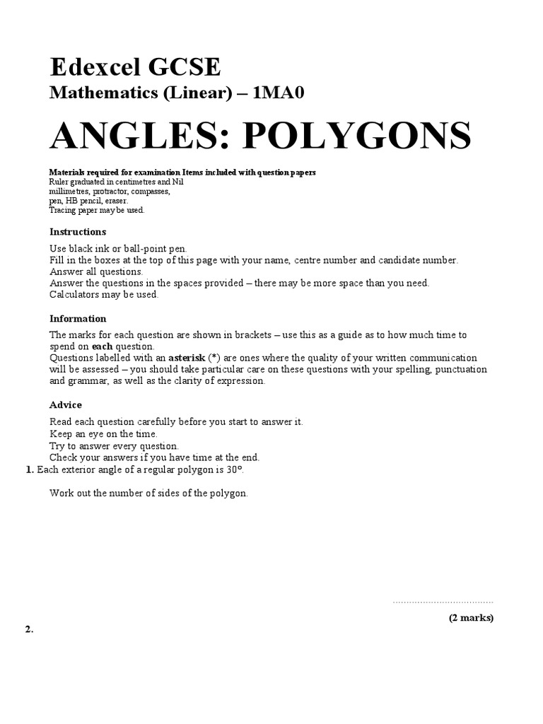 Angles: Polygons: Edexcel GCSE | PDF | Polygon | Geometry