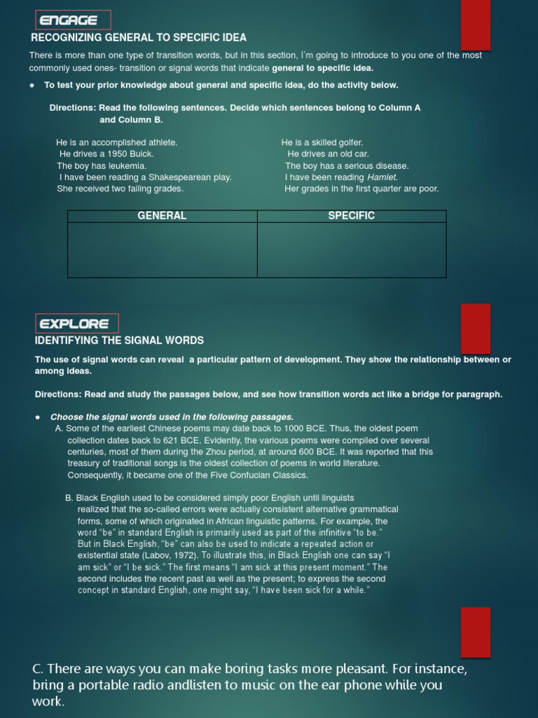 Signal Words for General to Specific Ideas | PDF | Poetry | English ...