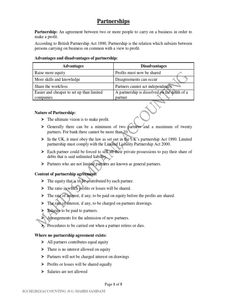 Partnerships Igcse Accounting 9 1 Mahdi Samdani Pdf Partnership Debits And Credits