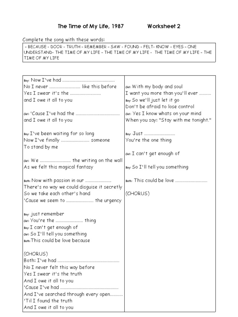 Song Lyrics Fill-in Activity | PDF
