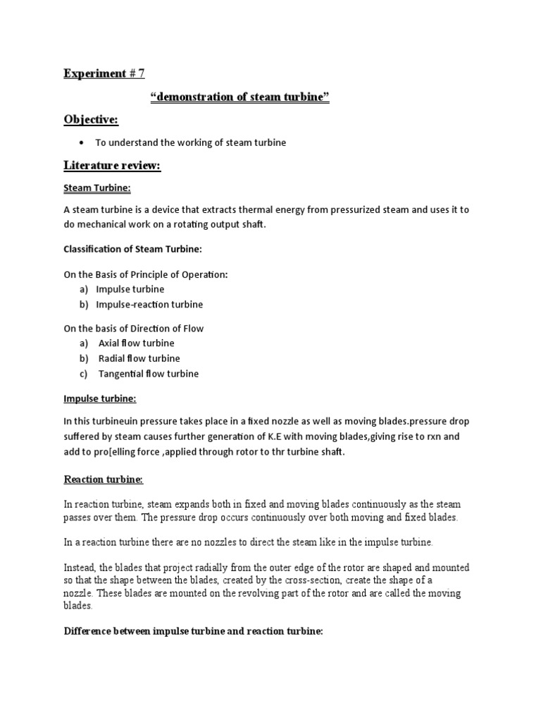 Experiment # 7 "Demonstration of Steam Turbine" Objective | PDF