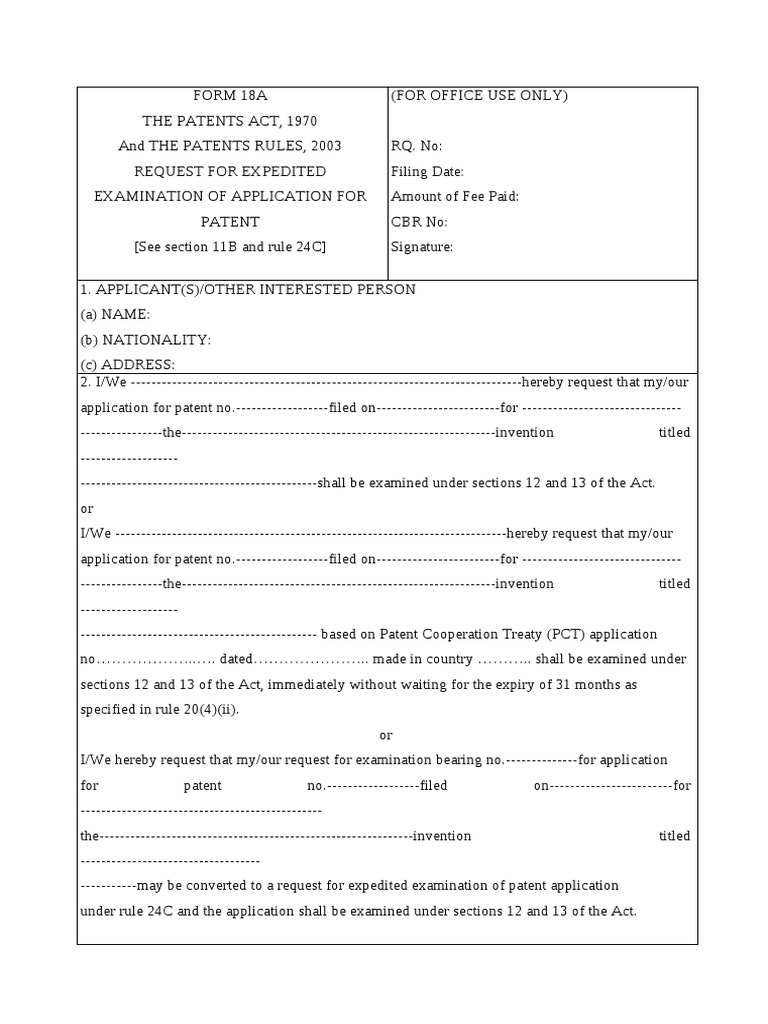 India Patent Form 18A | PDF | Property Law | Business Law