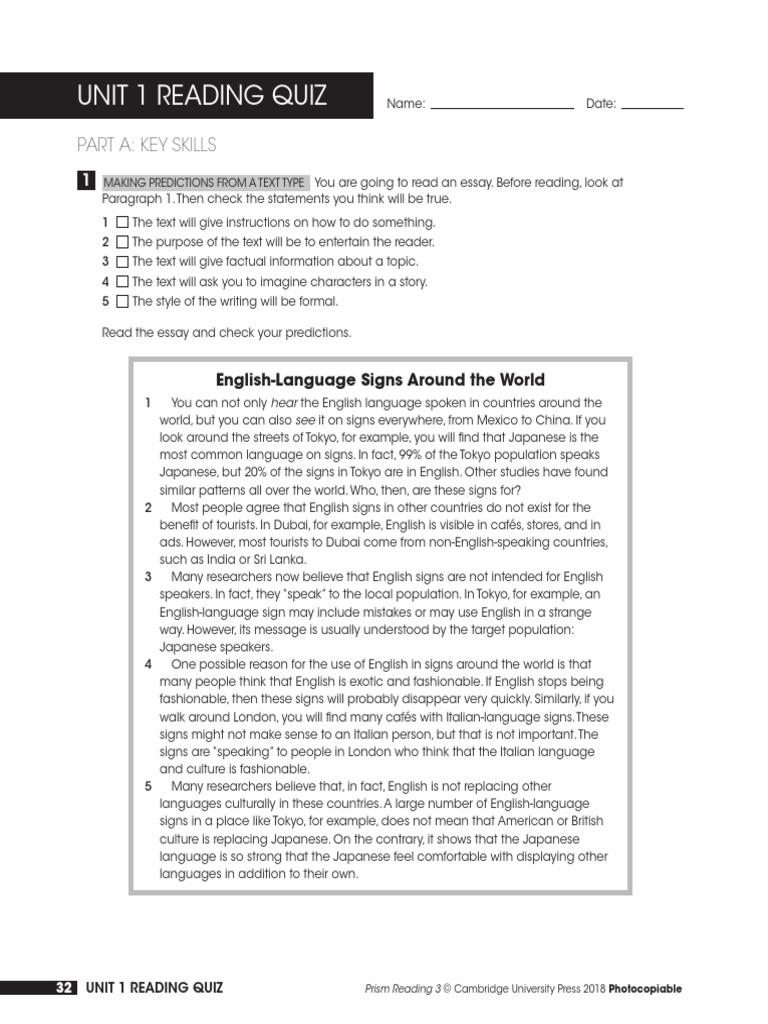 Unit 1 Reading Quiz: Part A: Key Skills | PDF | English Language | Foods