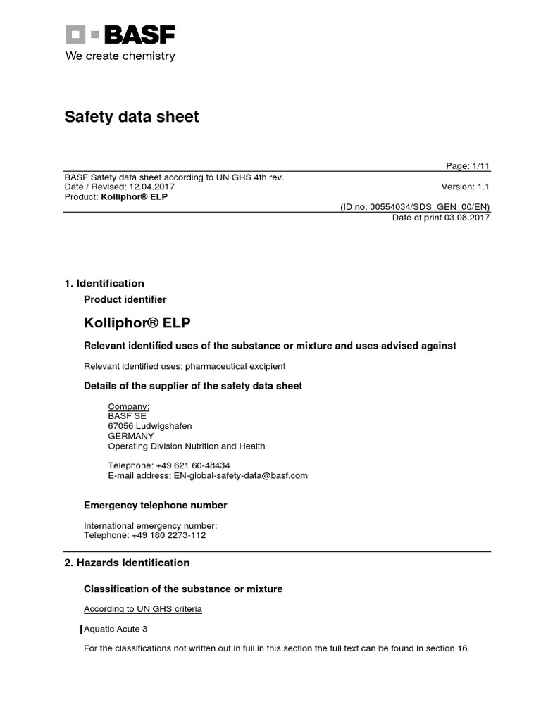 MSDS Kolliphor® ELP | PDF | Dangerous Goods | Chemistry