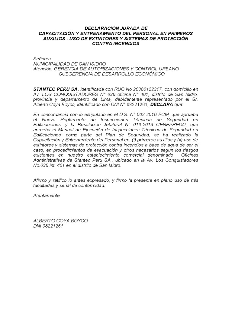 Declaración Jurada CAPACITACION - Stantec Peru SA. - ITSE 2021 | PDF