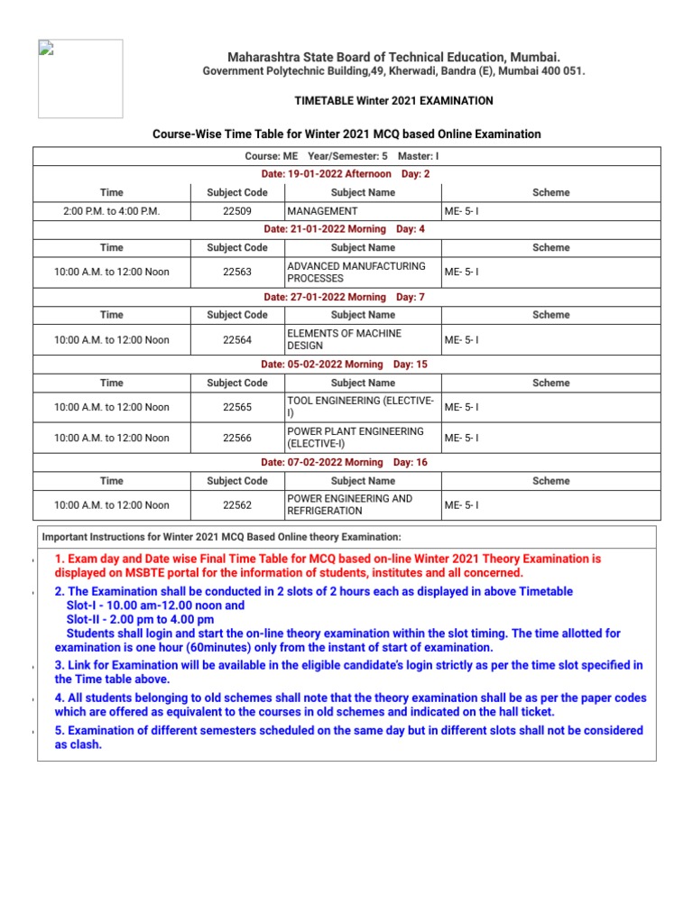 Course-Wise Time Table For Winter 2021 MCQ Based Online Examination | PDF