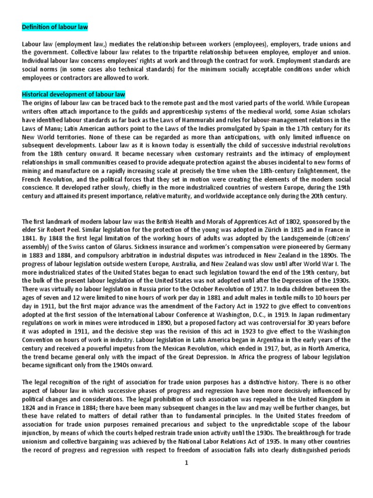 Definition of Labour Law | Download Free PDF | Labour Law | Employment