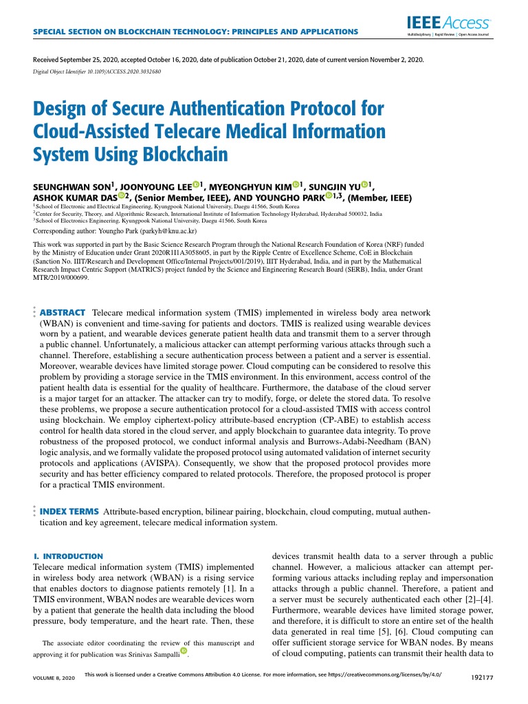Design of Secure Authentication Protocol For Cloud-Assisted Telecare Medical Information System ...