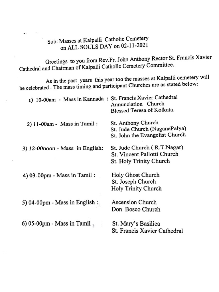 Kalpalli Cemetery Mass Schedule 2021 | PDF | Catholic Church ...