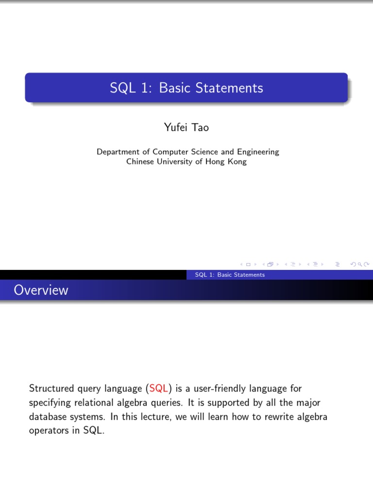 Sql 1 Basic Statements Yufei Tao Pdf Relational Model Software