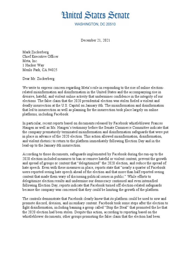 Letter To Meta CEO Zuckerberg | PDF | Facebook | Mark Zuckerberg