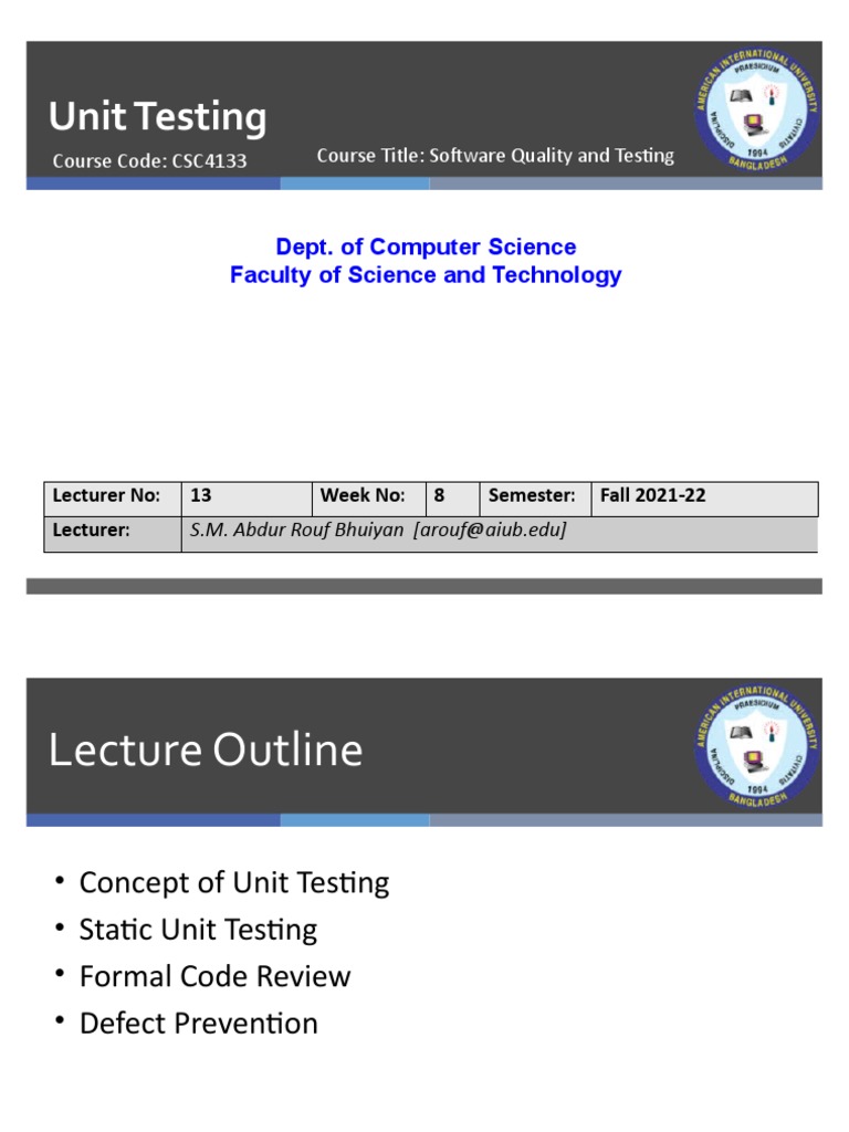 Unit Testing: Dept. of Computer Science Faculty of Science and ...