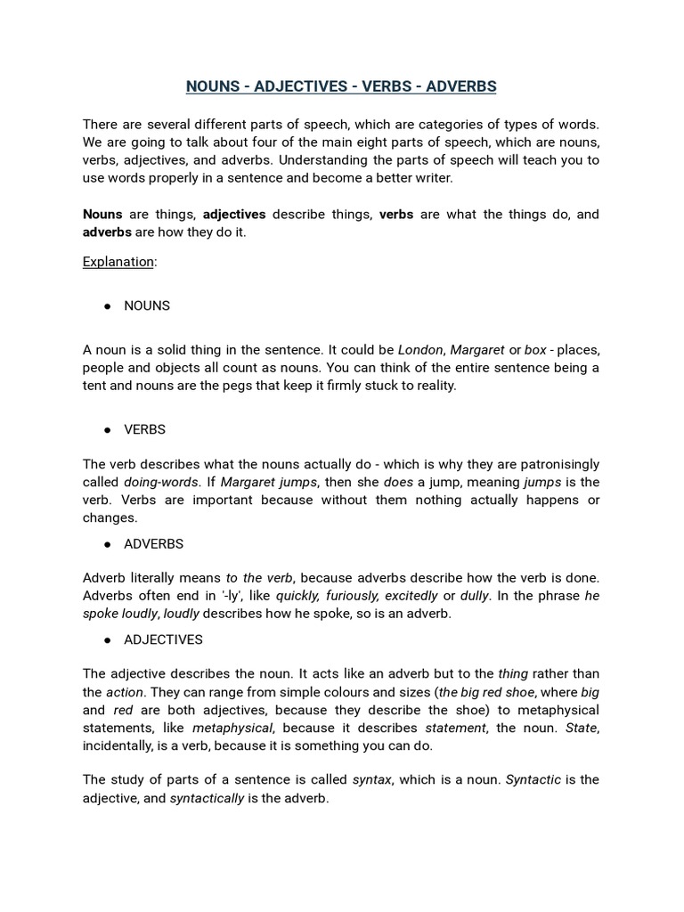 Nouns - Adjectives - Verbs - Adverbs | PDF | Adverb | Noun