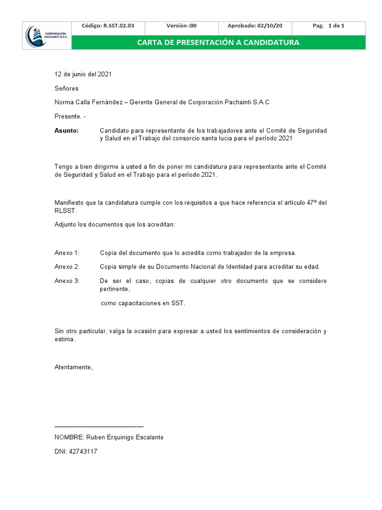 R.sst.02.03 Carta de Presentación de Candidatura - Lutgardo Astulle | PDF