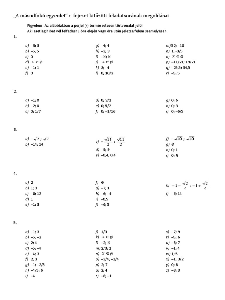 Masodfoku Egyenlet Megoldasok | PDF