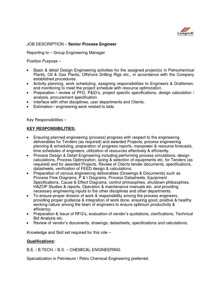 Job Description Senior Process Engineer | PDF | Engineering | Specification (Technical Standard)