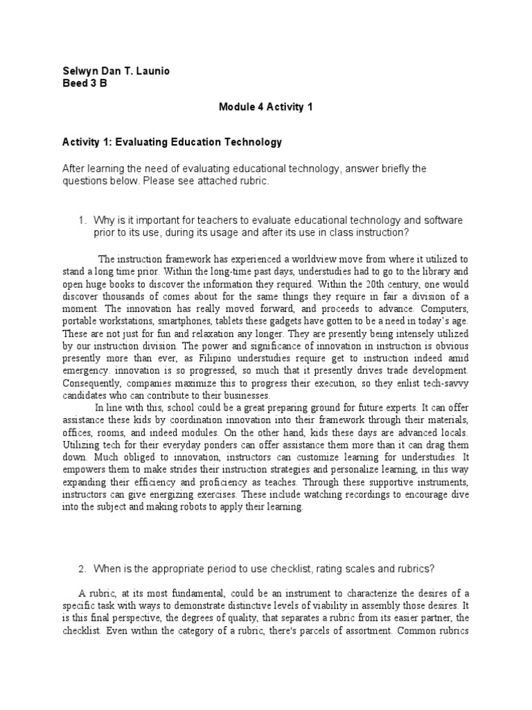 Selwyn TTL Activity M4 Ac1 | PDF | Rubric (Academic) | Educational Technology