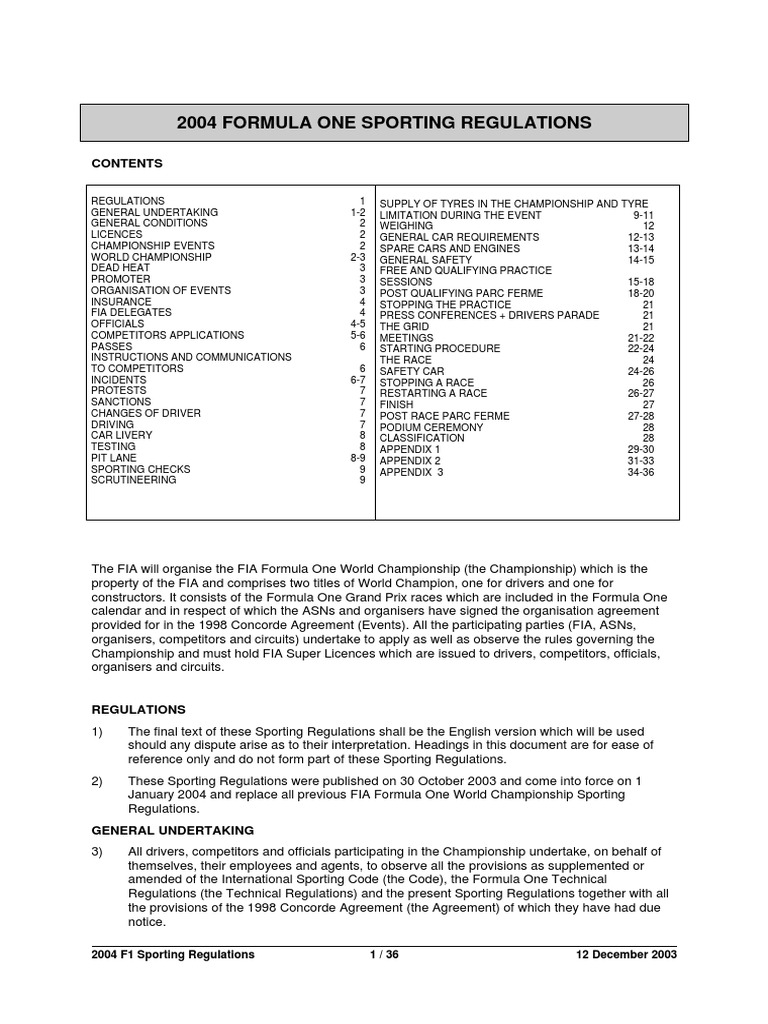 2004 Formula One Sporting Regulations | PDF | Formula One | Fédération ...