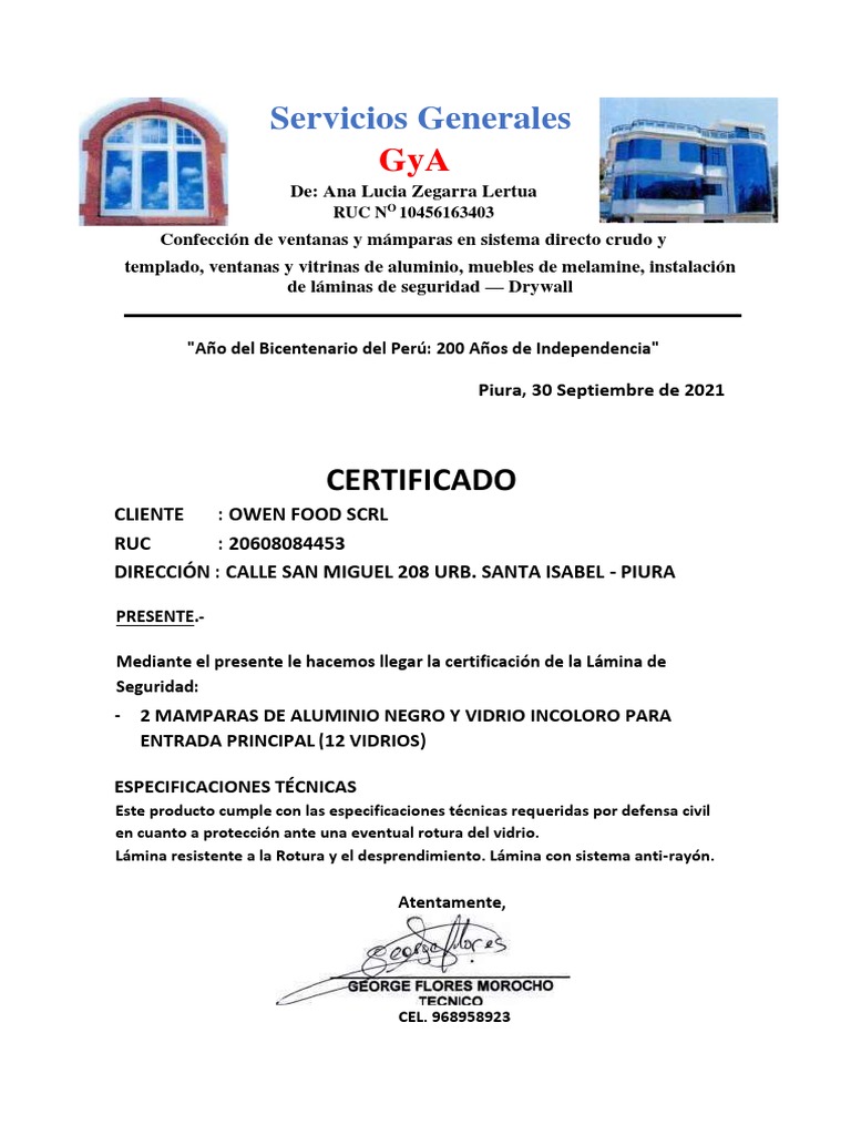 Certificado Owen Food | PDF