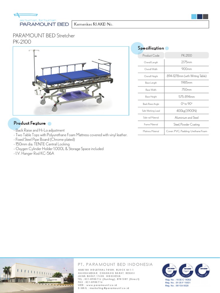 PK-2100 PARAMOUNT BED Stretcher: Specification | PDF | Building Materials | Materials