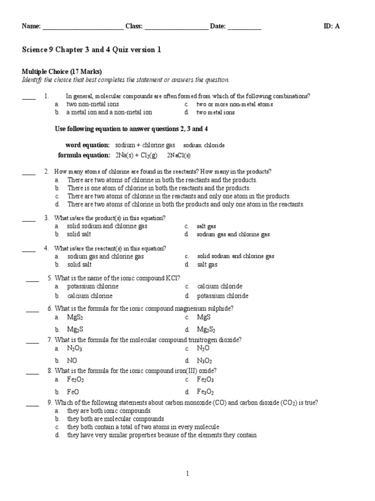 Science 9 Unit B CH 3 and 4 Quiz Version 1 | PDF | Chemical Compounds ...