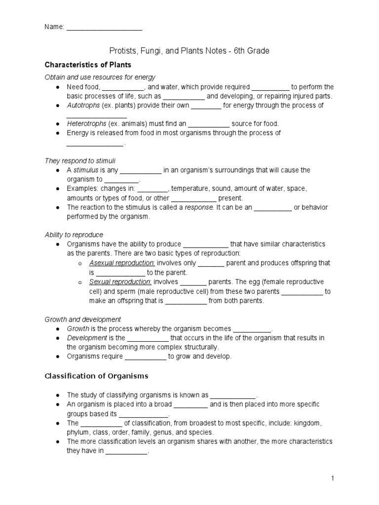Protists, Fungi, and Plants Notes - 6th Grade | PDF | Sexual ...