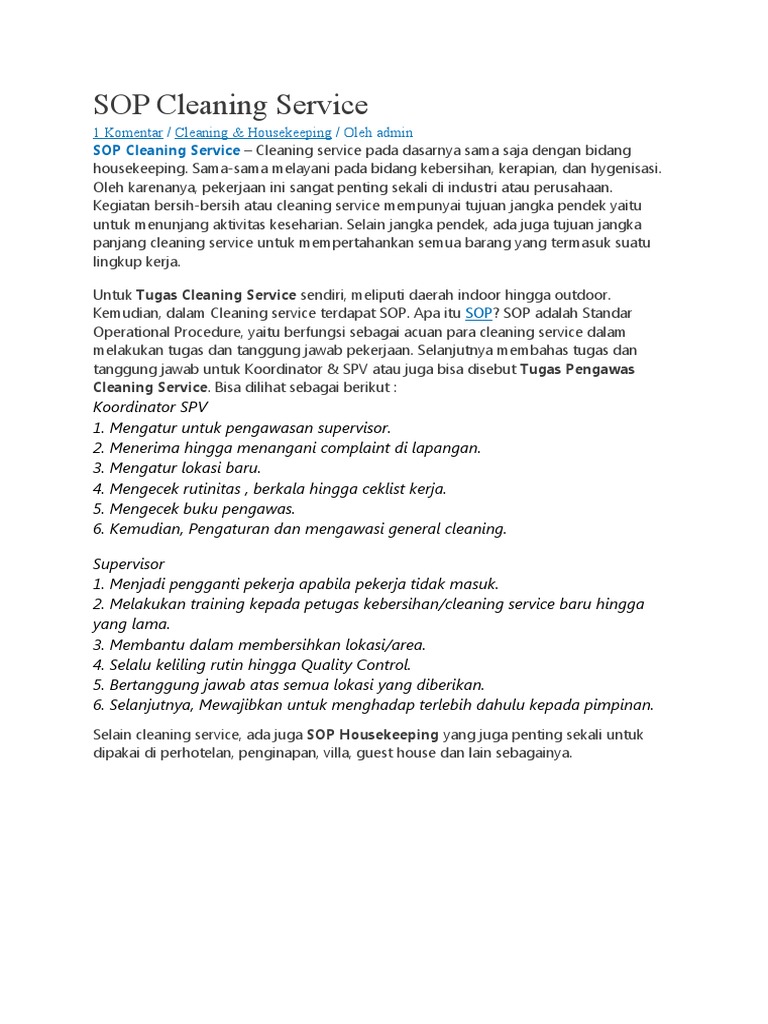 SOP Cleaning Service Lengkap dan Praktis | PDF