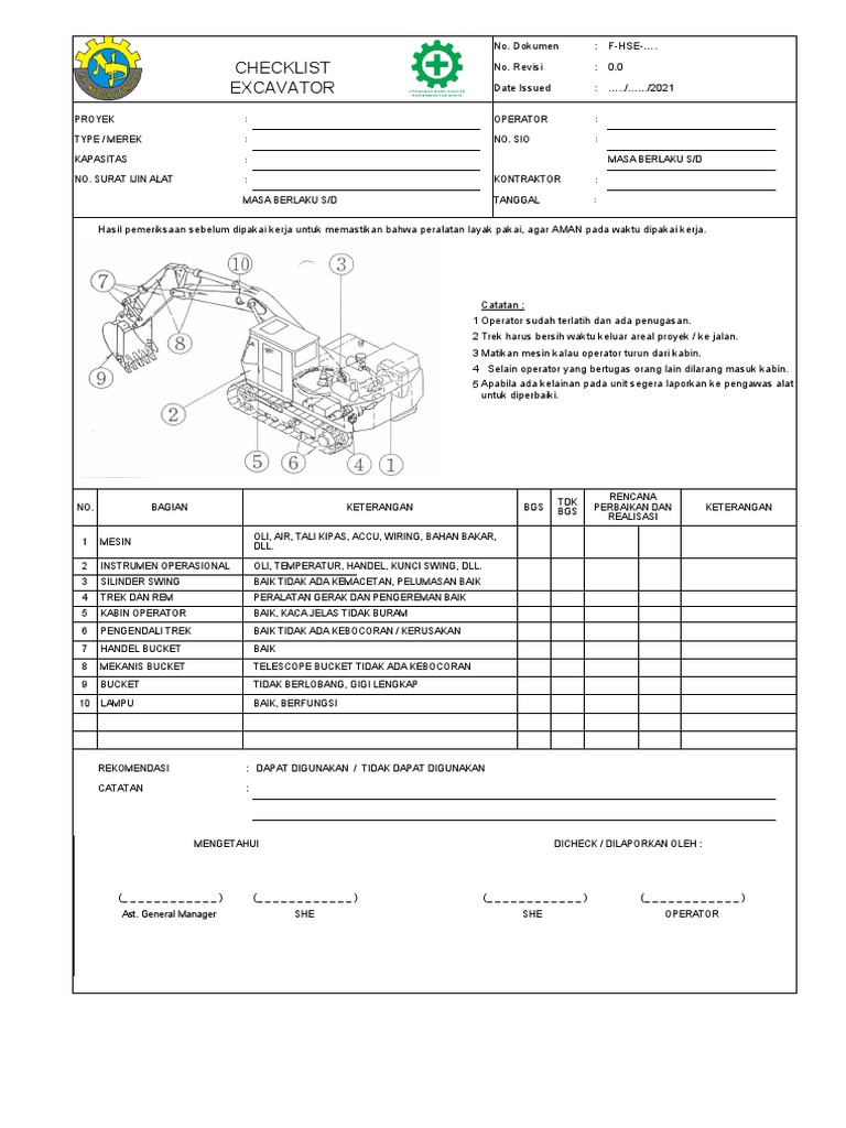 Checklist Inspeksi Excavator Harian | PDF