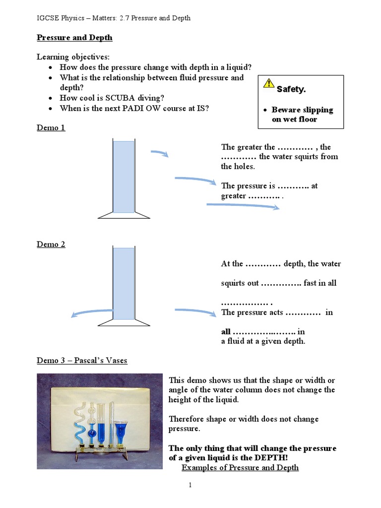 2.7 Pressure and Depth - Notes | PDF | Pressure | Density