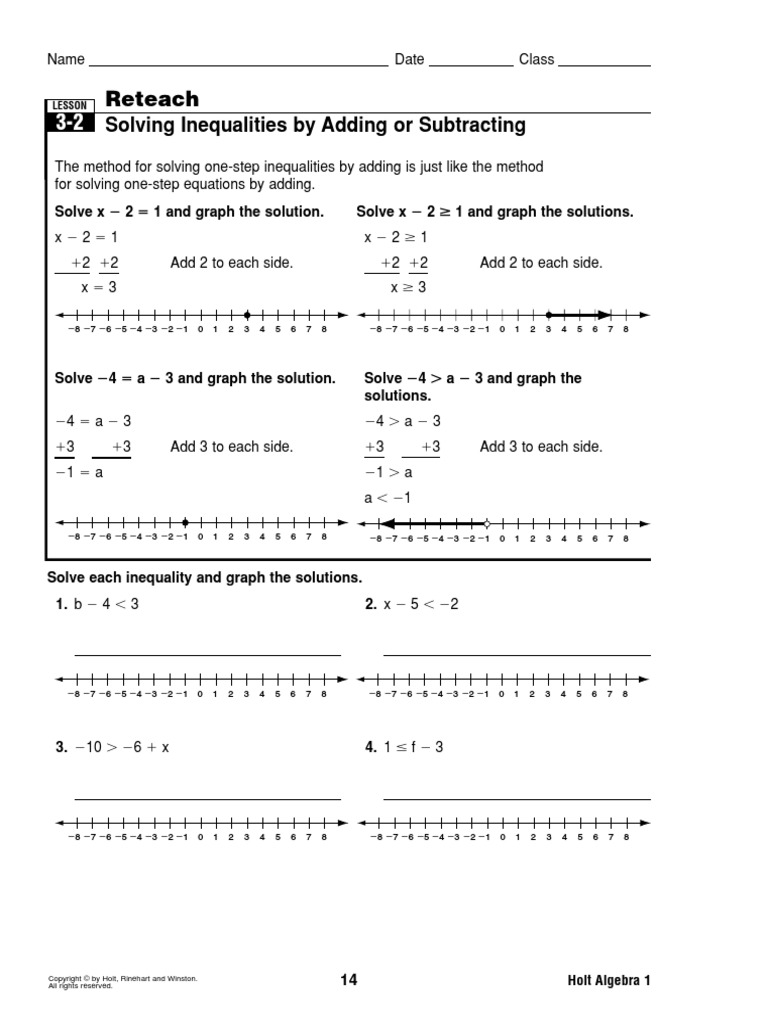 Reteach: Solving Inequalities by Adding or Subtracting | Download Free ...