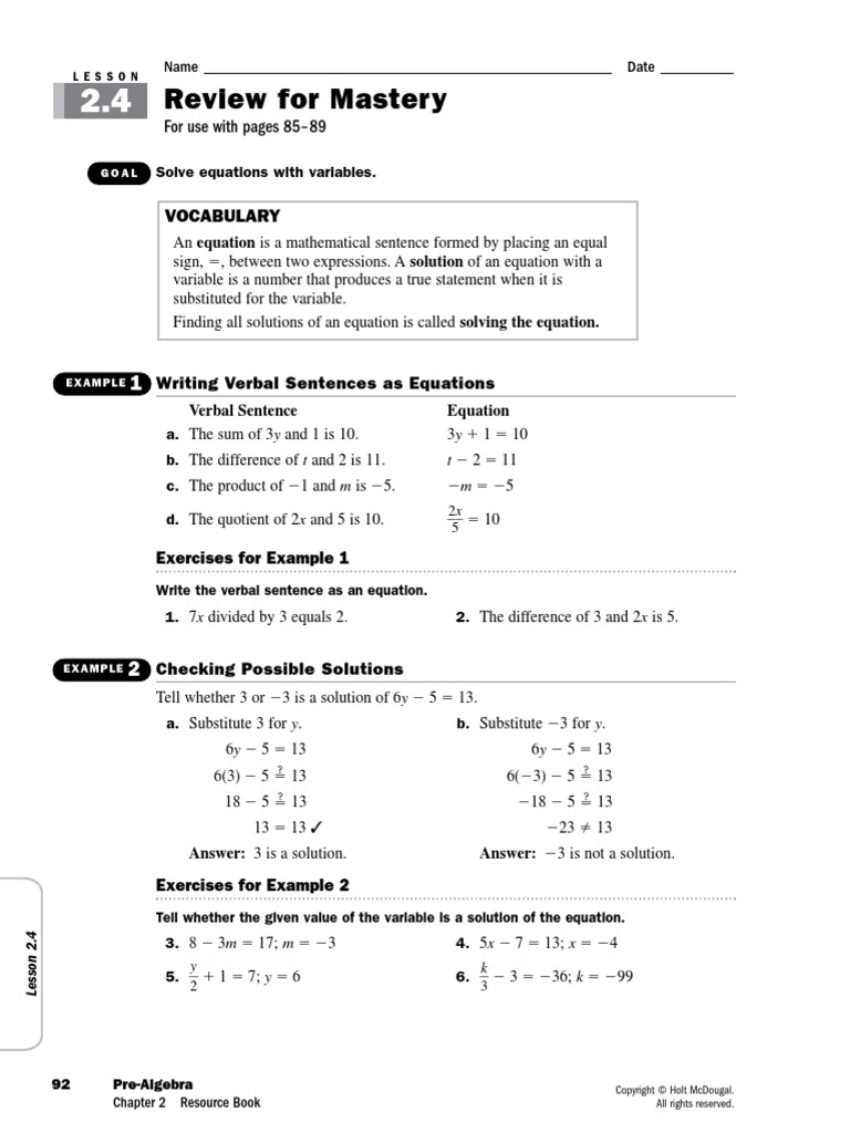 Pre-Algebra 2.4 Review Mastery | PDF | Equations | Mathematical Concepts