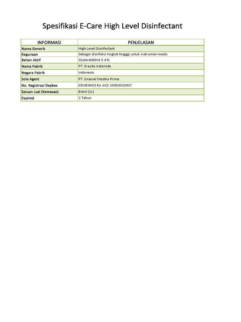 Spesifikasi E-Care High Level Disinfectant 1L | PDF
