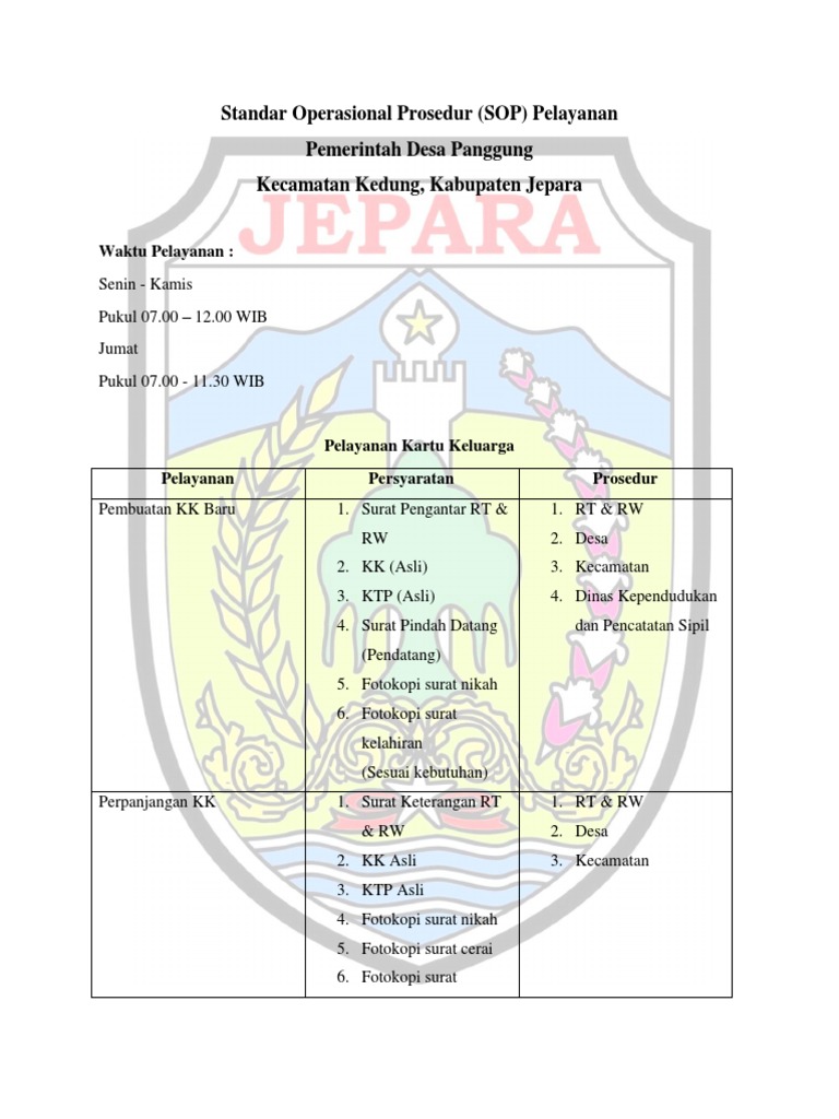SOP Pelayanan Desa Kedung | PDF