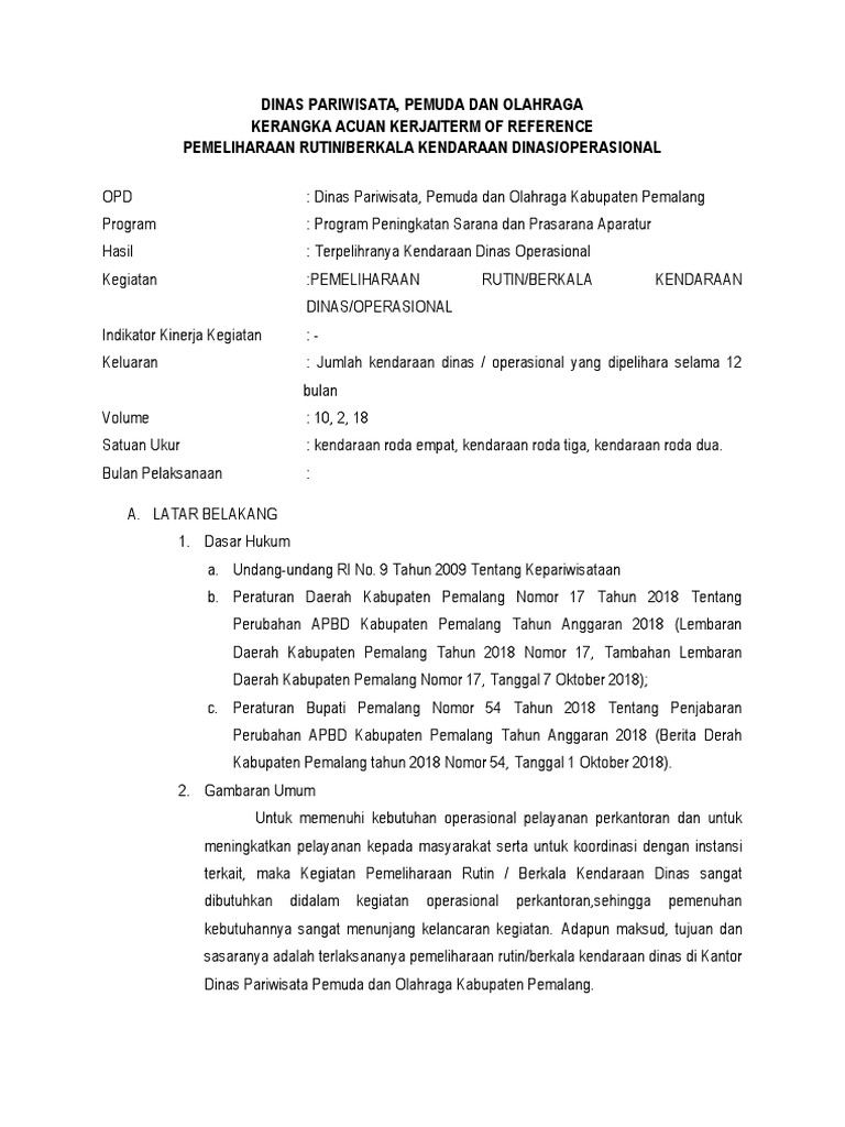13 Done KAK PEMELIHARAAN KENDARAAN DINAS | PDF | Bisnis | Pengelolaan Keuangan & Uang
