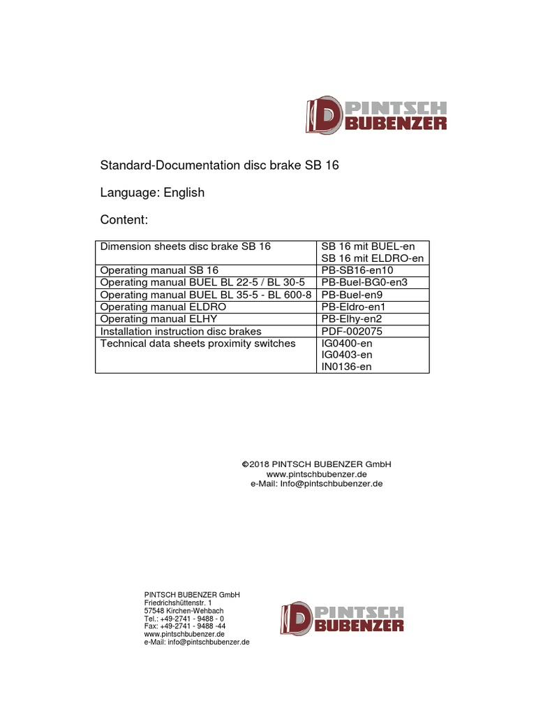 Standard Dokumentation + SD SB16 En1!1!00 | PDF | Screw | Brake