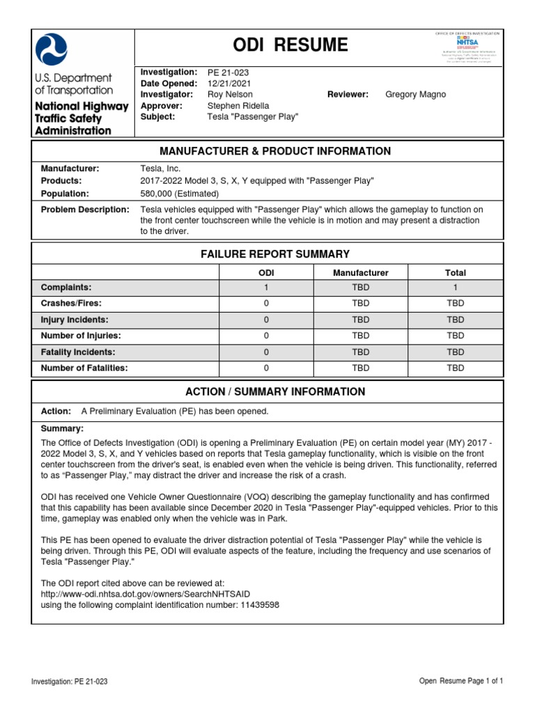 NHTSA Tesla Document | PDF | Vehicles | Transport