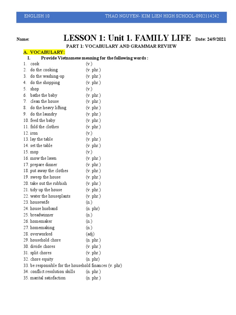 Lesson 1: Unit 1. Family Life | PDF | Marriage | Living Arrangements
