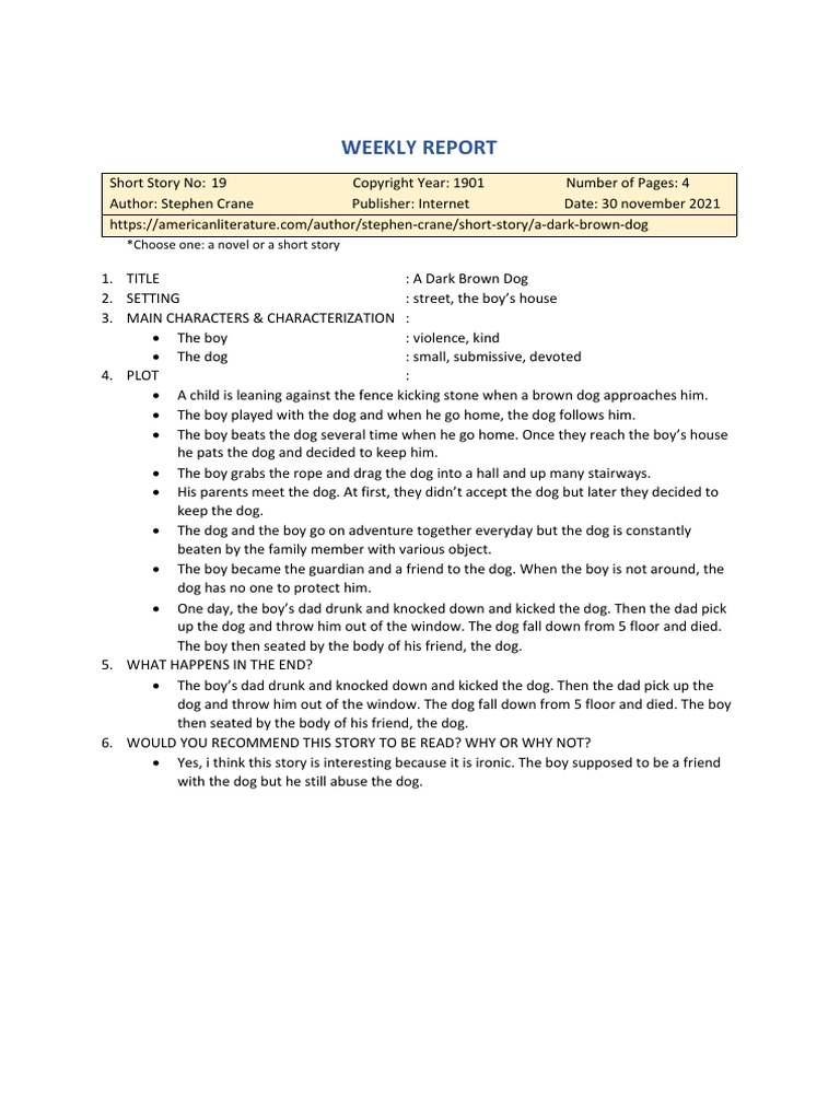 SHORT STORY 19 - A Dark Brown Dog - Stephen Crane | PDF